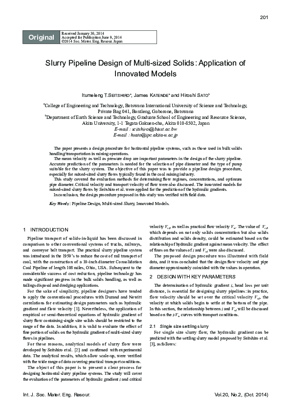 (PDF) Slurry Pipeline Design of Multi-sized Solids:Application of ...