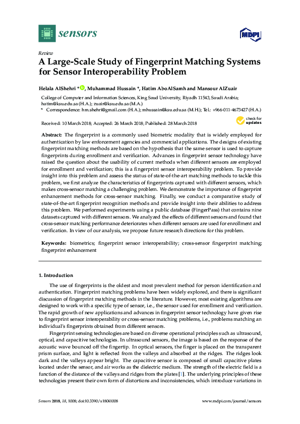 (PDF) A Large-Scale Study of Fingerprint Matching Systems for Sensor Interoperability Problem