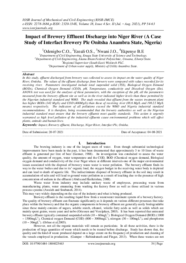 (PDF) Impact of Brewery Effluent Discharge into Niger River (A Case ...