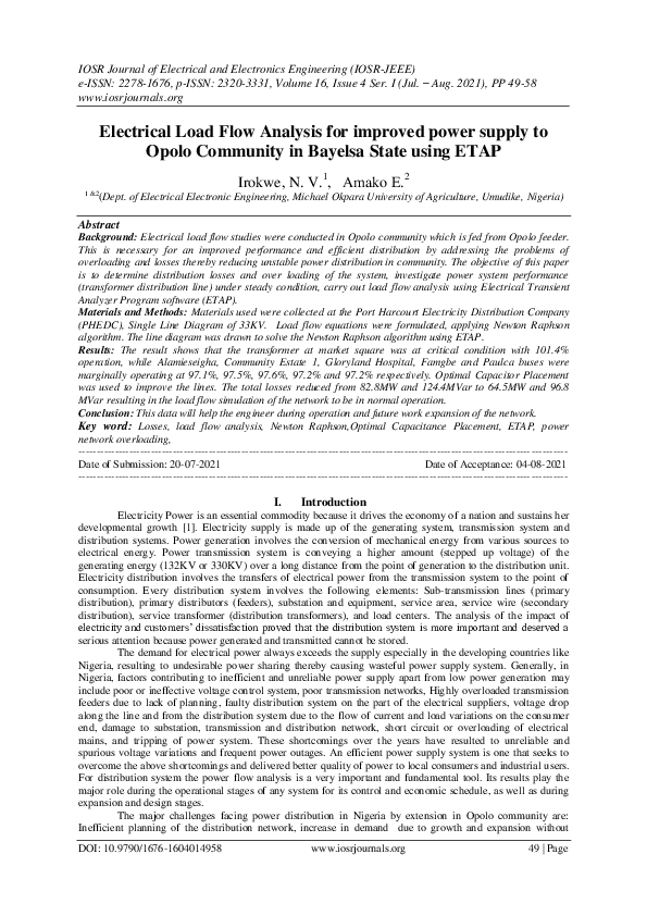 (PDF) Electrical Load Flow Analysis for improved power supply to Opolo ...