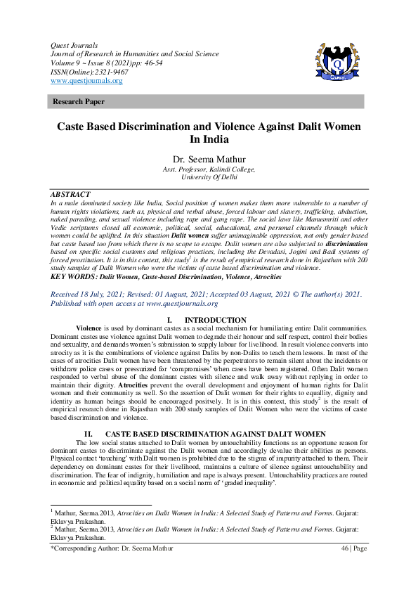 (PDF) Caste Based Discrimination and Violence Against Dalit Women In India