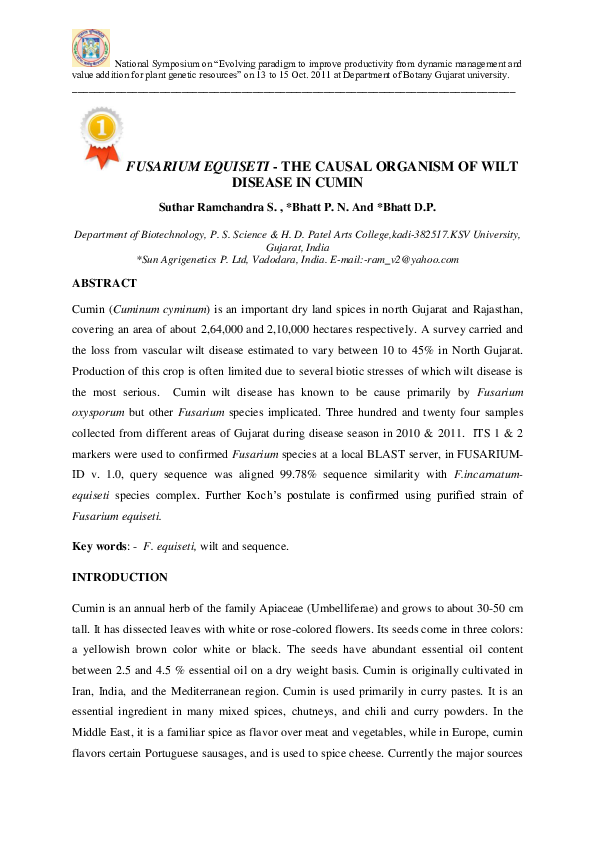 (PDF) Fusarium Equiseti -The Causal Organism of Wilt Disease in Cumin