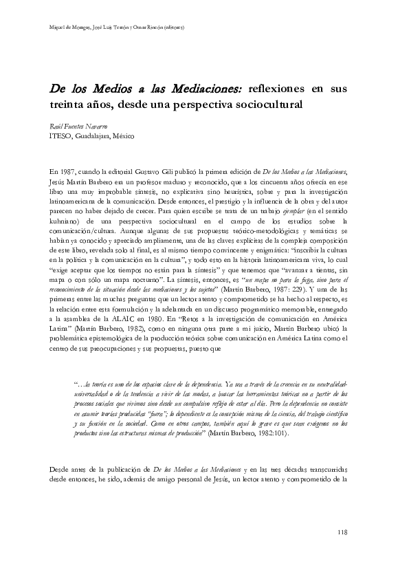 (PDF) De los Medios a las Mediaciones: reflexiones en sus treinta años, desde una perspectiva ...