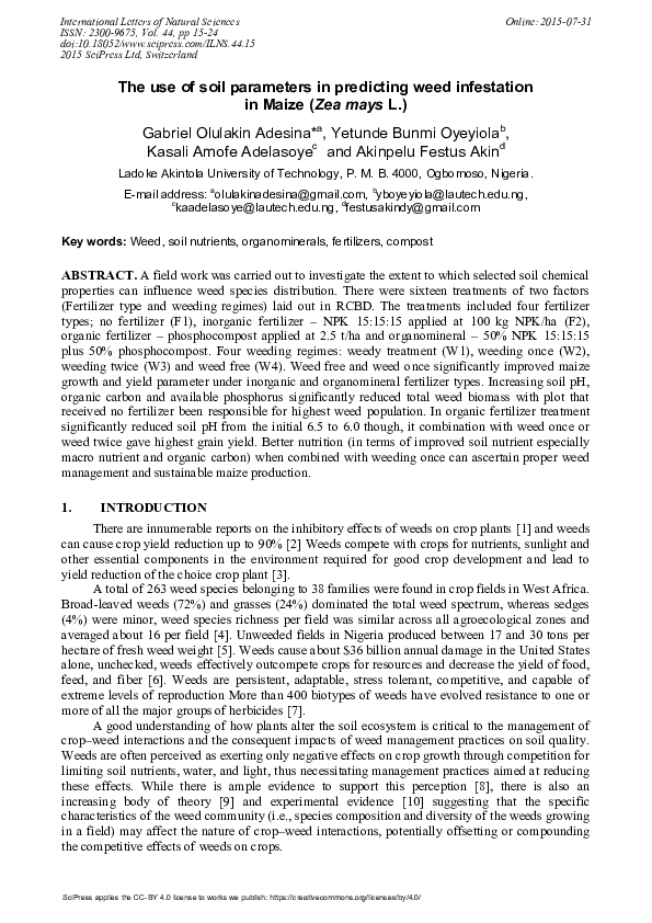 (PDF) The Use of Soil Parameters in Predicting Weed Infestation in Maize ( Zea mays L.)