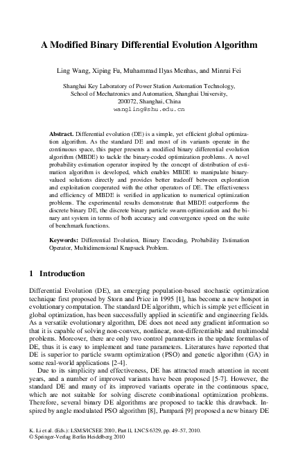 Pdf A Modified Binary Differential Evolution Algorithm