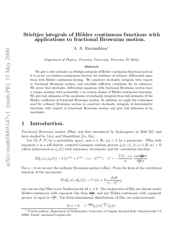 (PDF) Stieltjes Integrals of Hölder Continuous Functions with Applications to Fractional ...