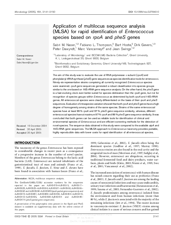 Pdf Application Of Multilocus Sequence Analysis Mlsa For Rapid