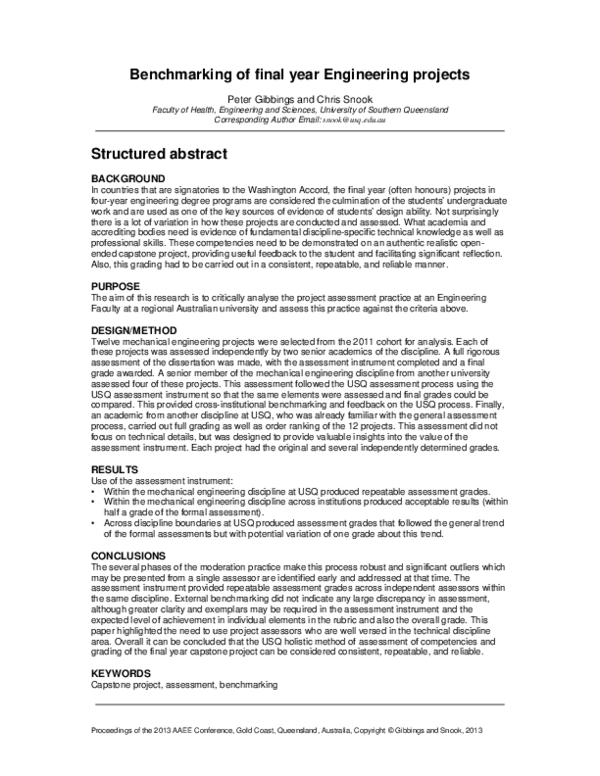 (PDF) Benchmarking of final year engineering projects