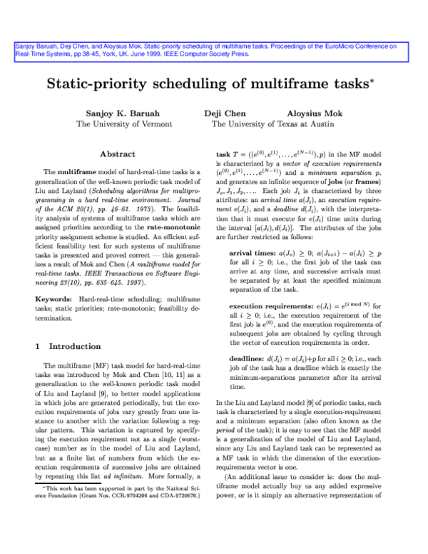 Pdf Static Priority Scheduling Of Multiframe Tasks