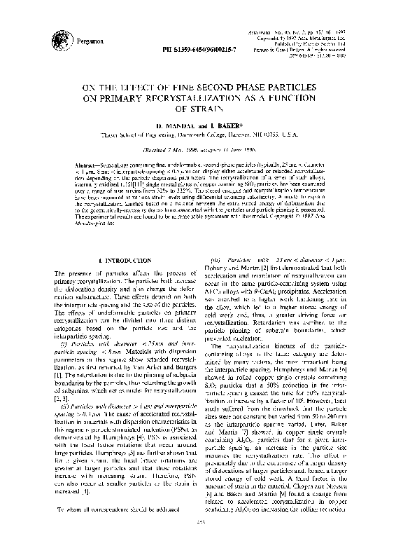 (PDF) On the effect of fine second-phase particles on primary ...