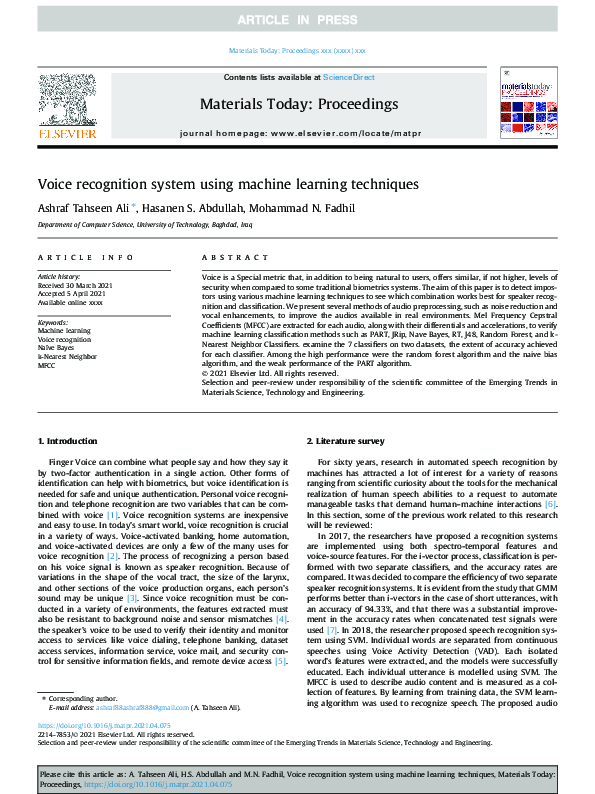 (PDF) Voice recognition system using machine learning techniques