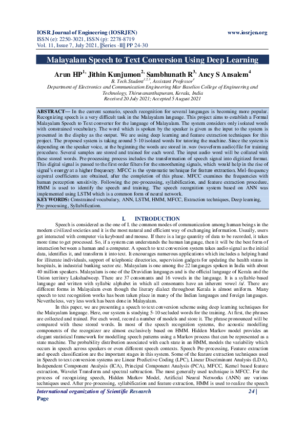 (PDF) Malayalam Speech to Text Conversion Using Deep Learning