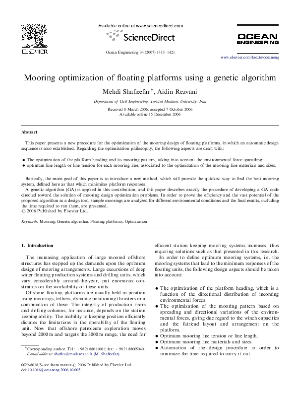 Pdf Mooring Optimization Of Floating Platforms Using A Genetic Algorithm