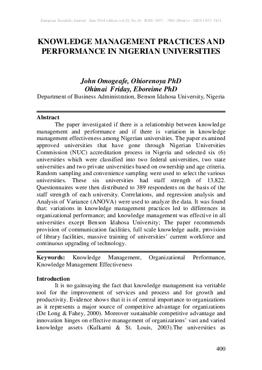 (PDF) Knowledge Management Practices and Performance in Nigerian Universities