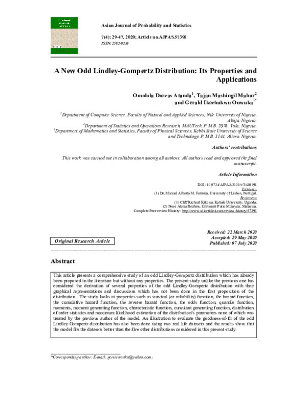 (PDF) A New Odd Lindley-Gompertz Distribution: Its Properties and ...