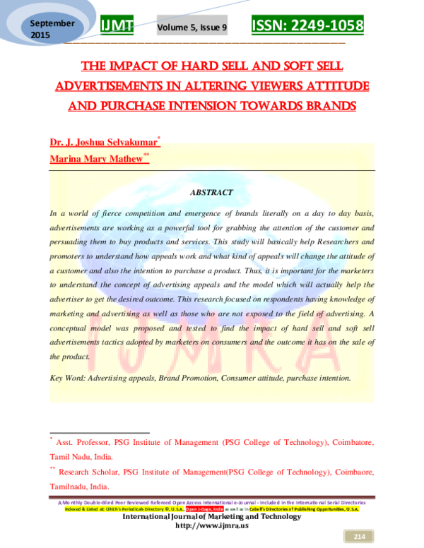 (PDF) THE IMPACT OF HARD SELL AND SOFT SELL ADVERTISEMENTS IN ALTERING ...