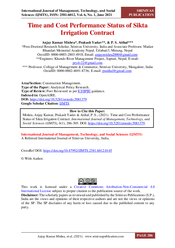 (PDF) Time and Cost Performance Status of Sikta Irrigation Contract