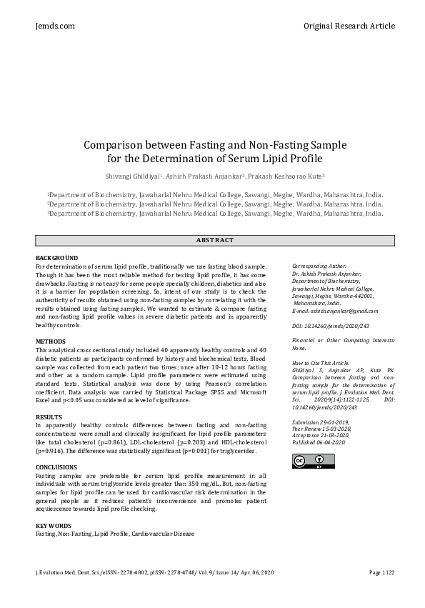 (PDF) Comparison between Fasting and Non-Fasting Sample for the ...