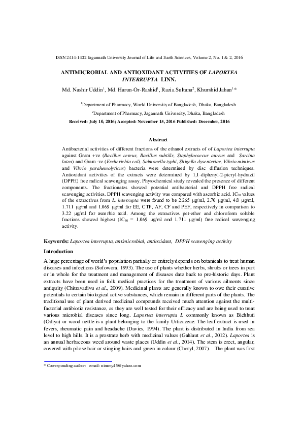 (PDF) ANTIMICROBIAL AND ANTIOXIDANT ACTIVITIES OF LAPORTEA INTERRUPTA LINN