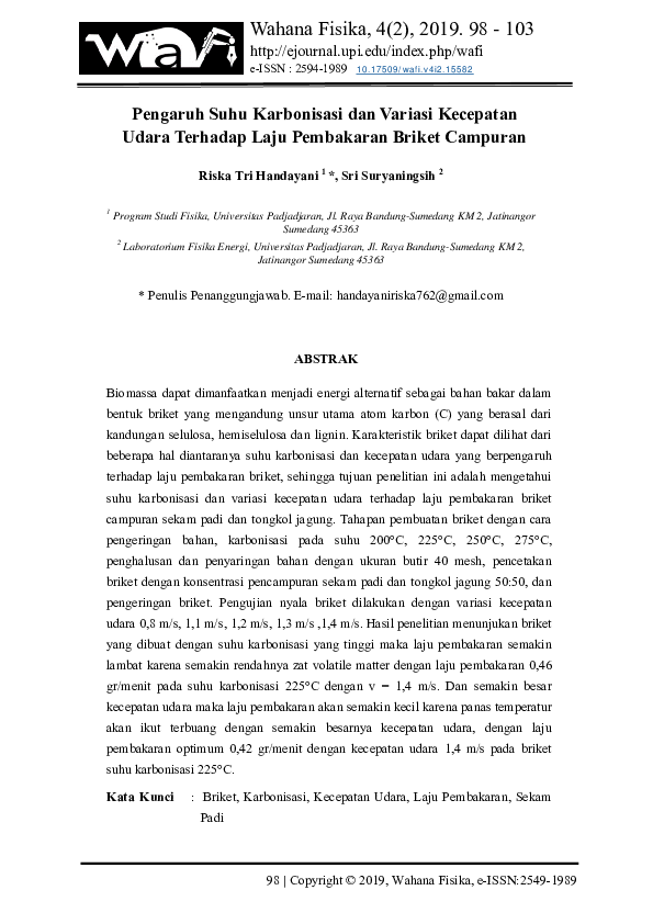Pdf Pengaruh Suhu Karbonisasi Dan Variasi Kecepatan Udara Terhadap