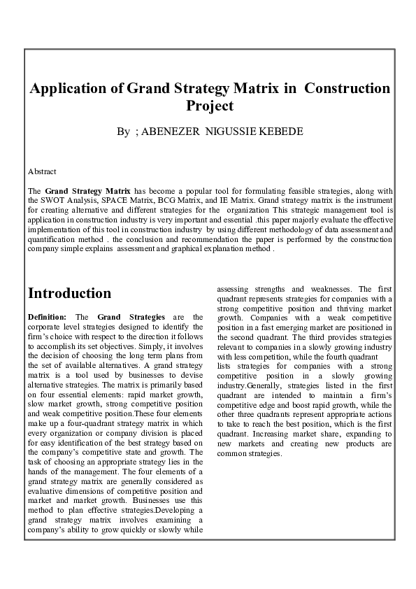 (PDF) Application of Grand Strategy Matrix in Construction Project