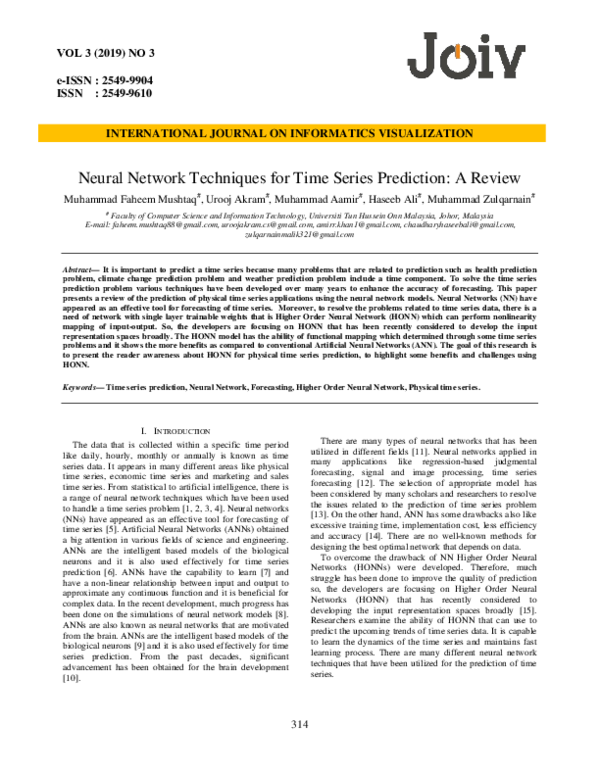 (PDF) Neural Network Techniques for Time Series Prediction: A Review