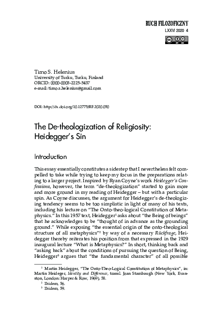 (PDF) The De-theologization of Religiosity: Heidegger's Sin | Timo ...