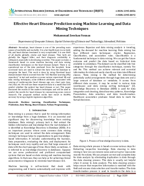 (PDF) IRJET- Effective Heart Disease Prediction using Machine Learning and Data Mining Techniques