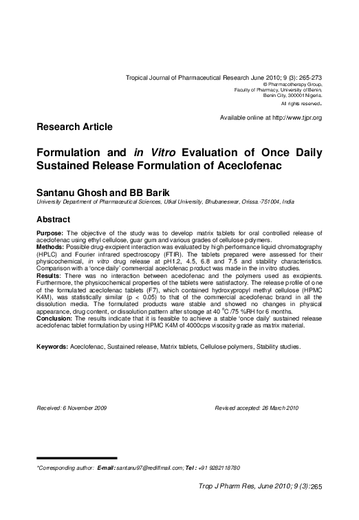 Pdf Formulation And In Vitro Evaluation Of Once Daily Sustained Release Matrix Tablets Of
