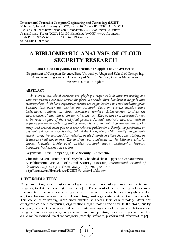(PDF) A BIBLIOMETRIC ANALYSIS OF CLOUD SECURITY RESEARCH