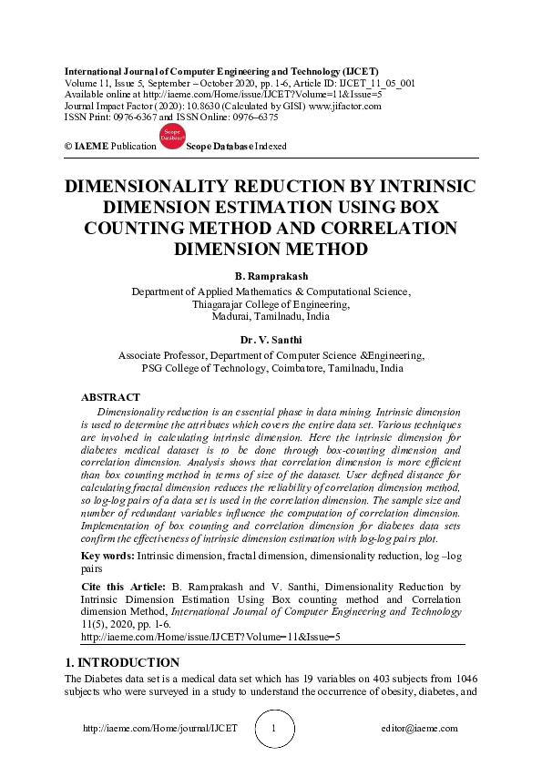 (PDF) DIMENSIONALITY REDUCTION BY INTRINSIC DIMENSION ESTIMATION USING ...