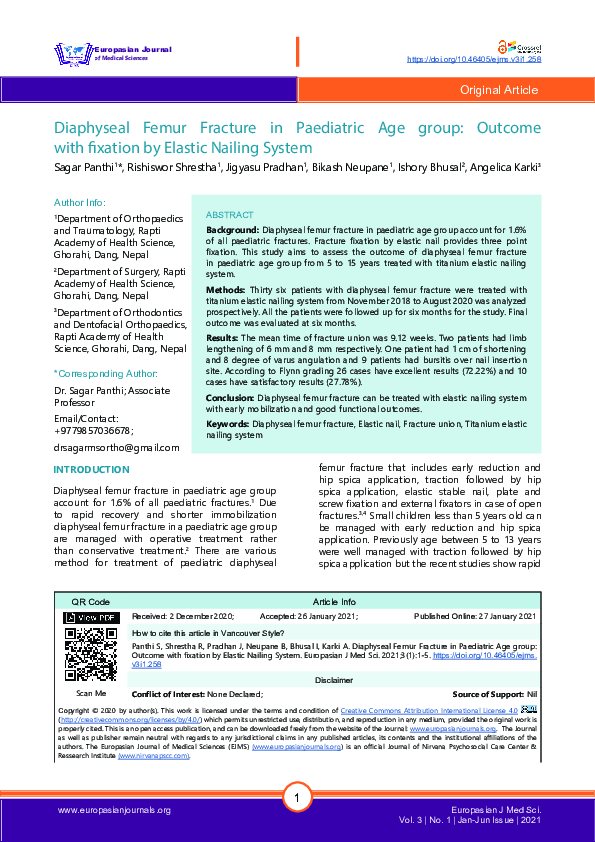 (PDF) Diaphyseal Femur Fracture in Paediatric Age group: Outcome with fixation by Elastic ...