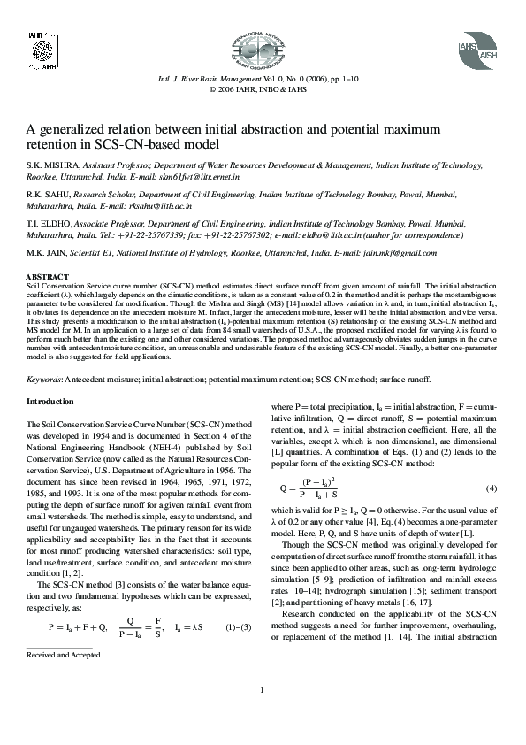 (PDF) A generalized relation between initial abstraction and potential maximum retention in SCS ...