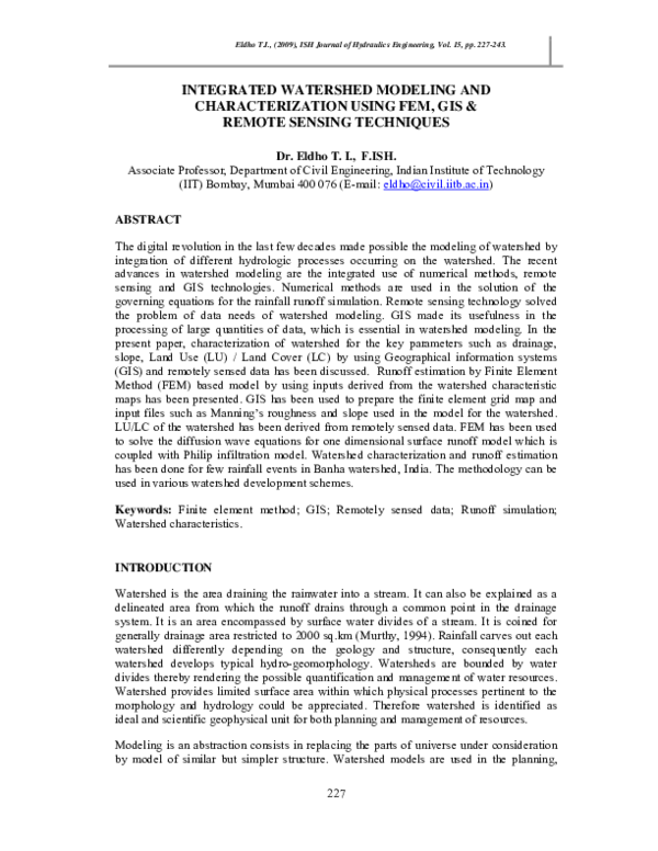(PDF) Integrated Watershed Modeling and Characterization Using Fem, Gis & Remote Sensing Techniques