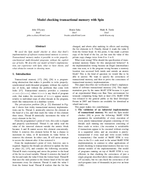 (PDF) Model checking transactional memory with spin | John O'Leary ...