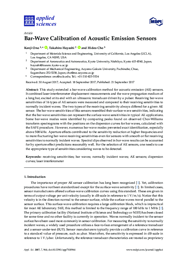 (PDF) Bar-Wave Calibration of Acoustic Emission Sensors | Kanji Ono - Academia.edu