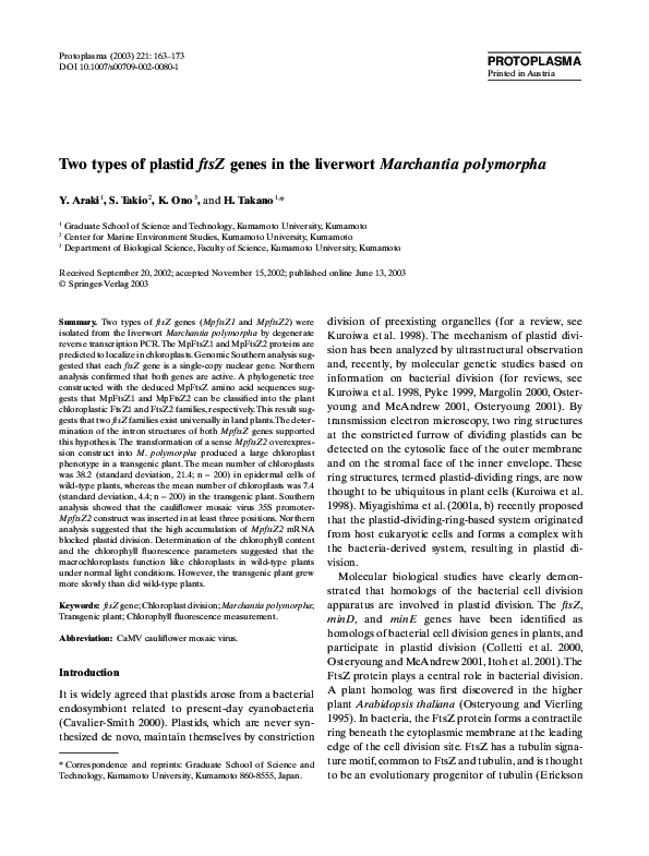(PDF) Two types of plastid ftsZ genes in the liverwort Marchantia ...