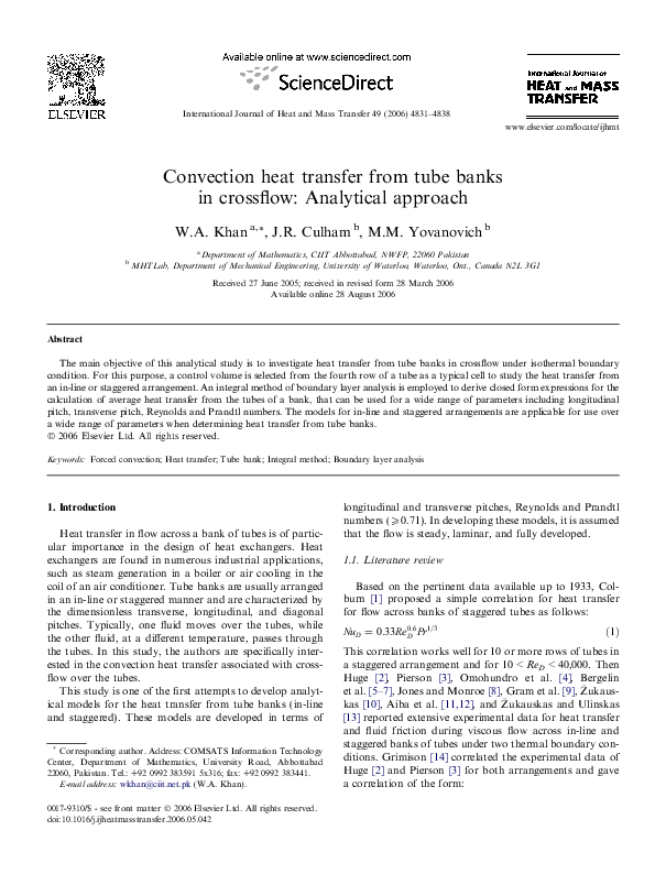(PDF) Convection heat transfer from tube banks in crossflow: Analytical ...