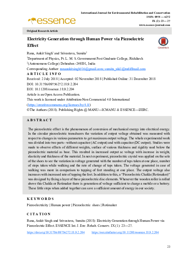 (PDF) Electricity Generation through Human Power via Piezoelectric Effect