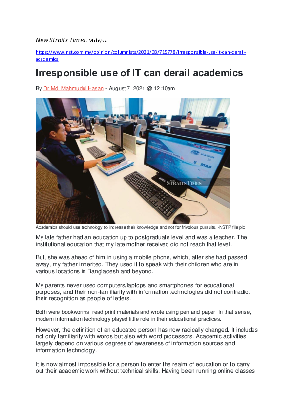 (PDF) Irresponsible use of IT can derail academics