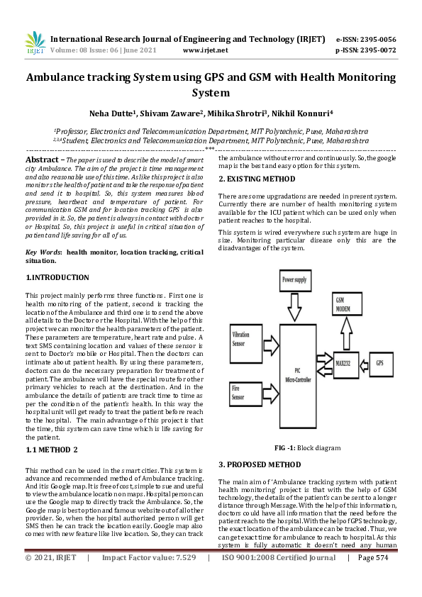 (PDF) IRJET- Ambulance tracking System using GPS and GSM with Health Monitoring System