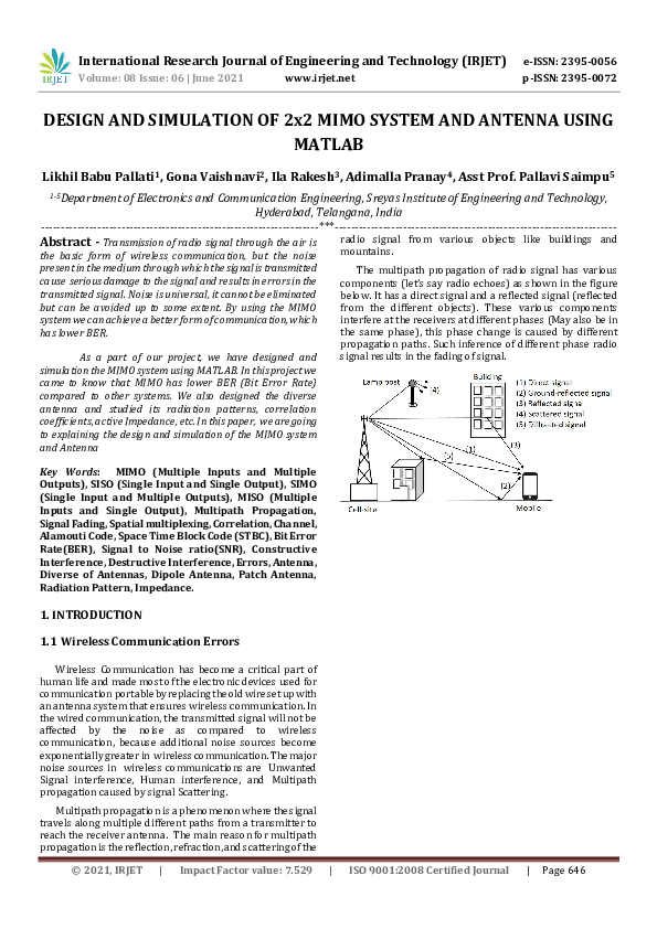 (PDF) IRJET- DESIGN AND SIMULATION OF 2x2 MIMO SYSTEM AND ANTENNA USING MATLAB
