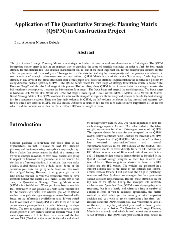 (PDF) Application of The Quantitative Strategic Planning Matrix (QSPM ...