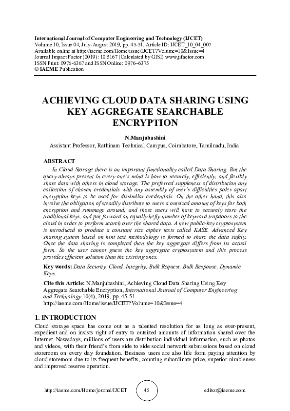 (PDF) ACHIEVING CLOUD DATA SHARING USING KEY AGGREGATE SEARCHABLE ENCRYPTION