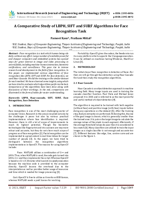 (PDF) IRJET- A Comparative Study of LBPH, SIFT and SURF Algorithms for Face Recognition Task