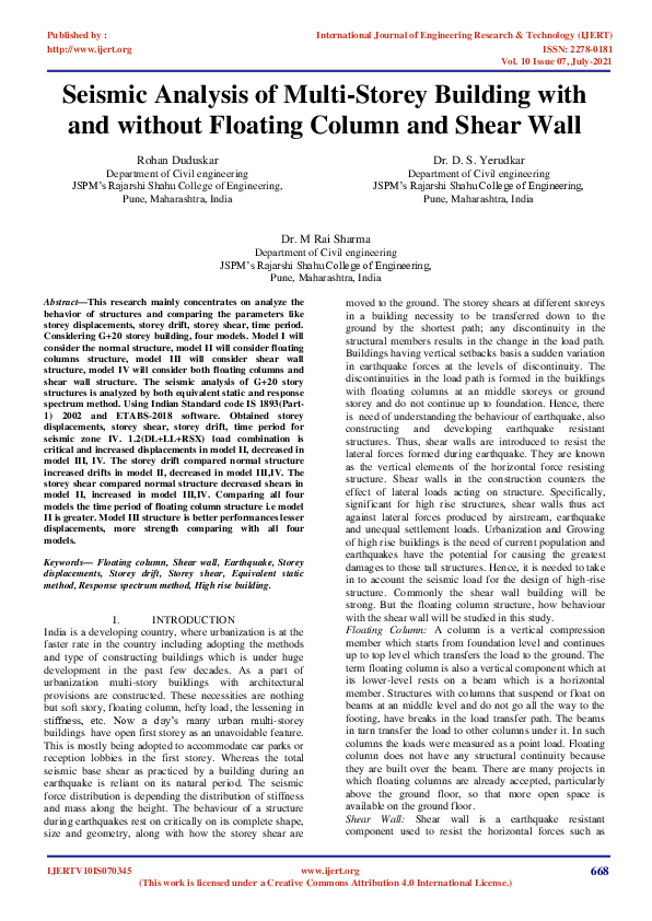 Pdf Ijert Seismic Analysis Of Multi Storey Building With And Without