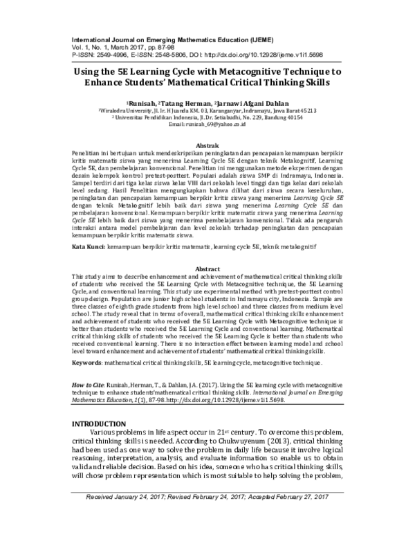 (PDF) Using the 5E Learning Cycle with Metacognitive Technique to Enhance Students’ Mathematical ...