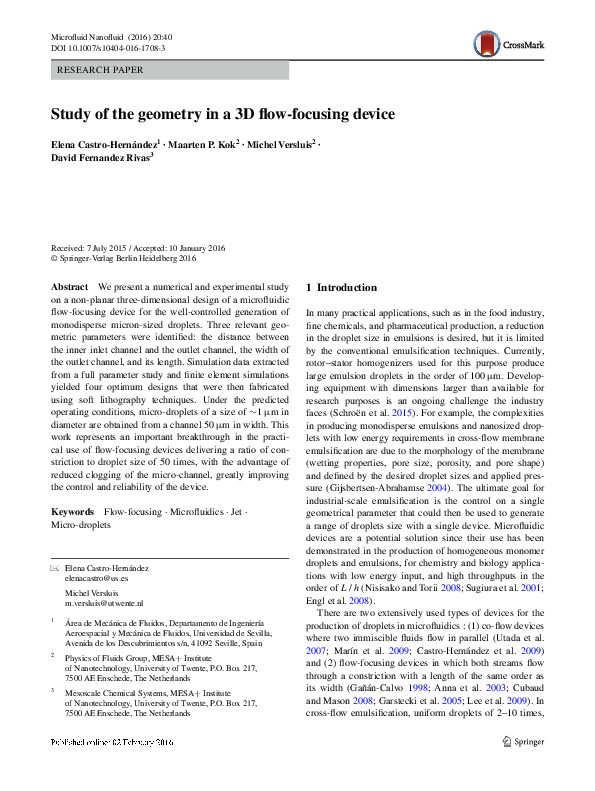 (PDF) Study of the geometry in a 3D flow-focusing device