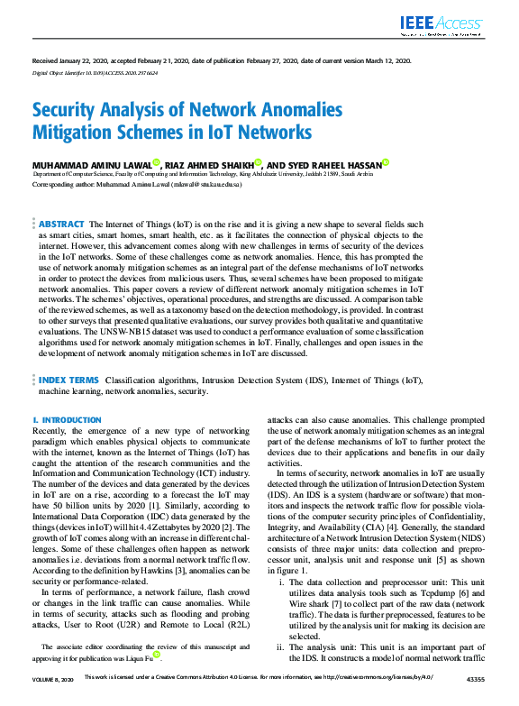 (PDF) Security Analysis of Network Anomalies Mitigation Schemes in IoT Networks