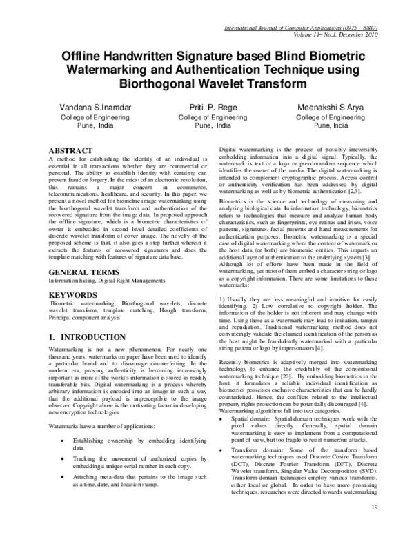 (PDF) Offline Handwritten Signature based Blind Biometric Watermarking and Authetication ...